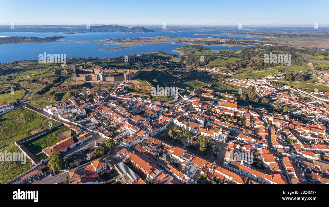 Aerial. View from above village and castle Mourao, district Evora ...