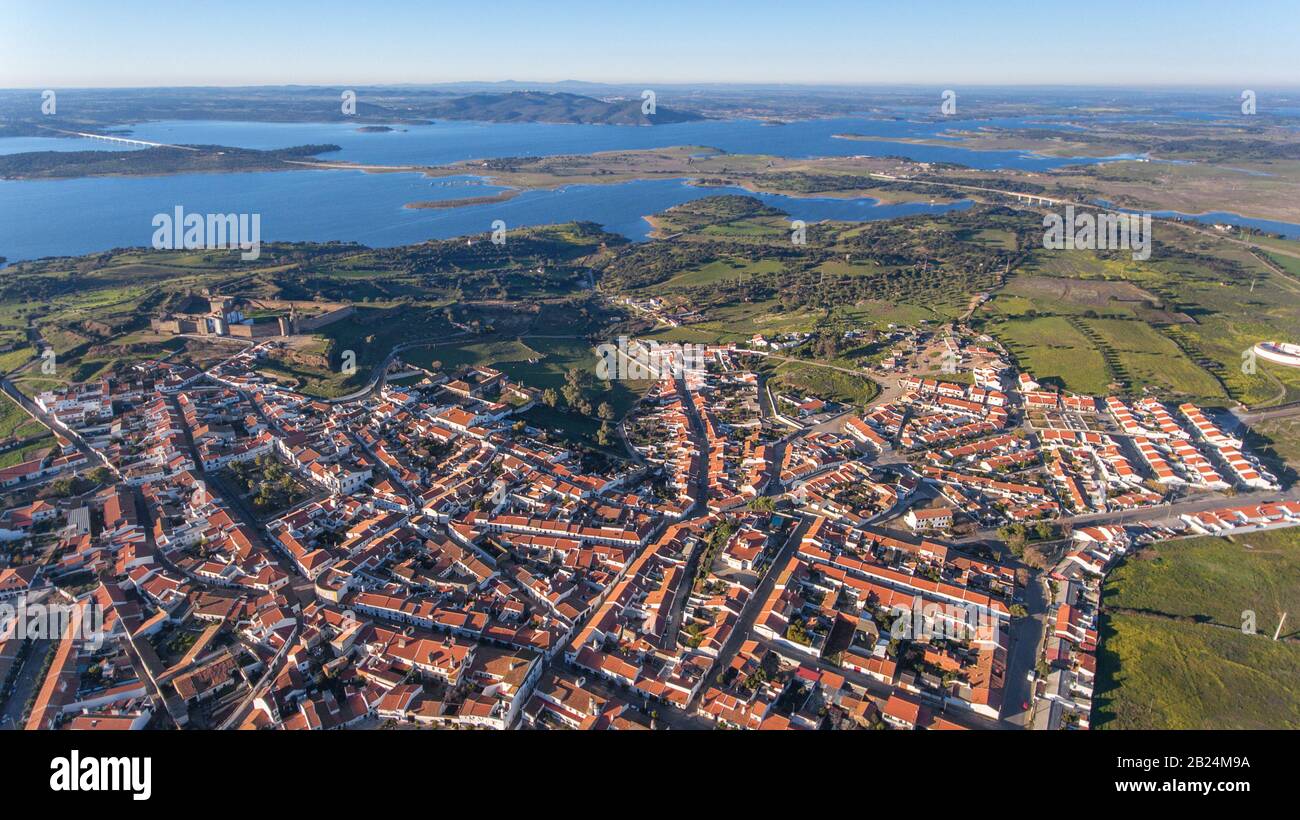 Aerial. View from above village and castle Mourao, district Evora ...
