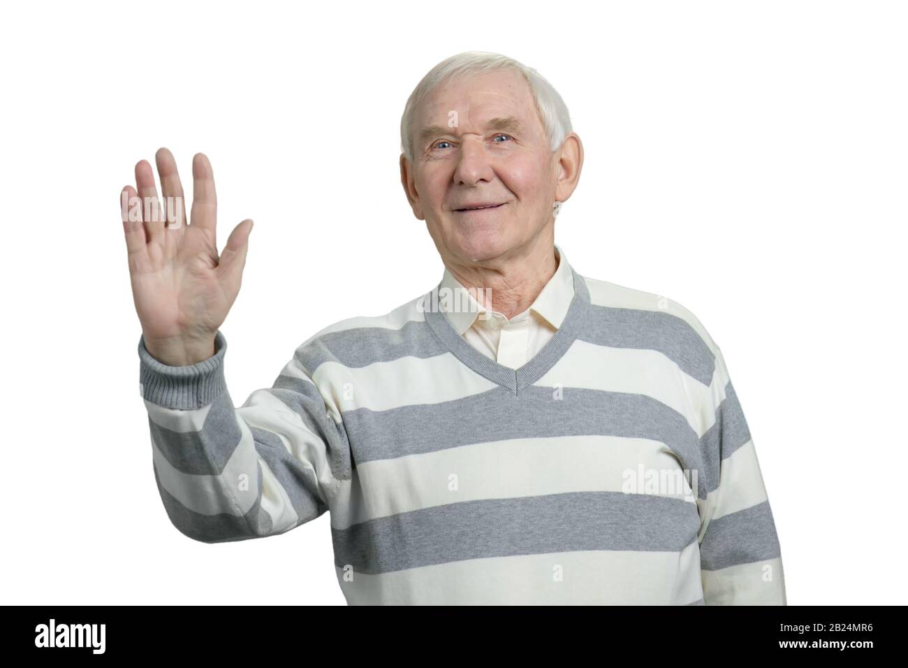 Smiling cheerful old man welcoming you Stock Photo - Alamy