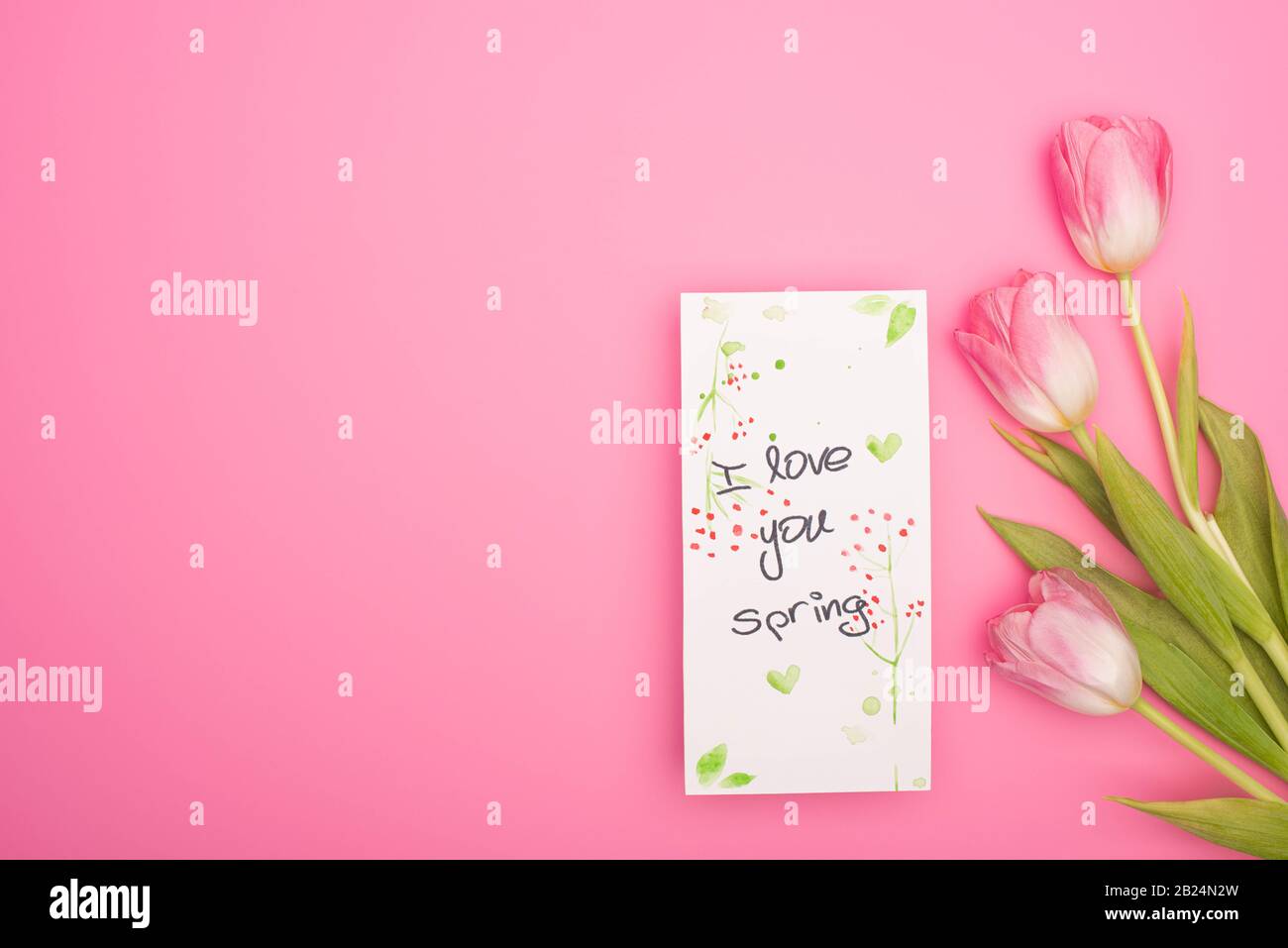 Top view of tulips and card with I love you spring lettering on pink ...