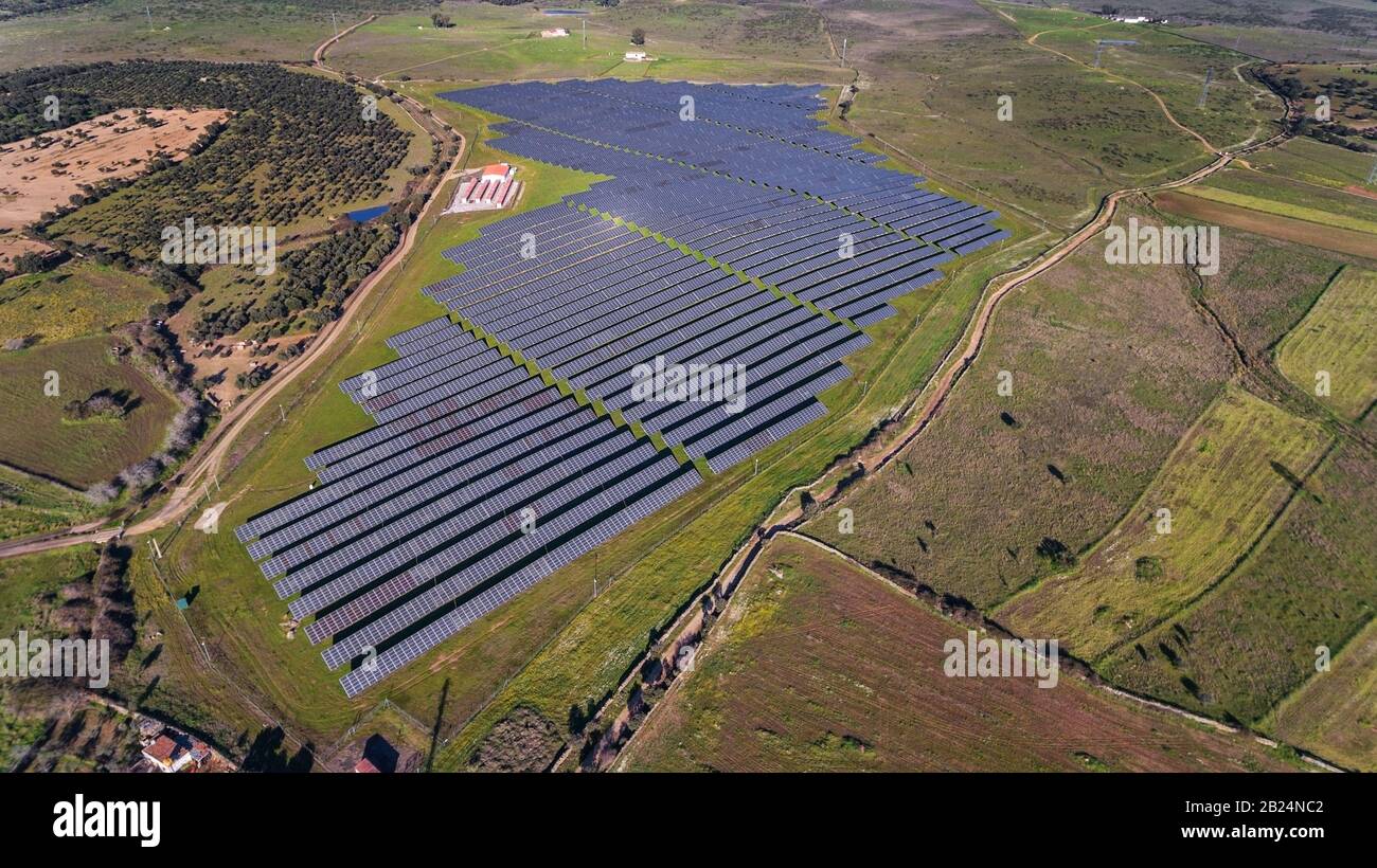 Aerial. Photovoltaic panels to produce electricity in Spain Stock Photo ...