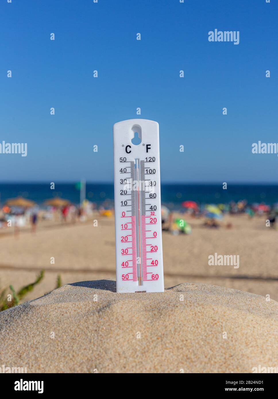 Thermometer for the temperature on the beach, in the summer in the heat ...