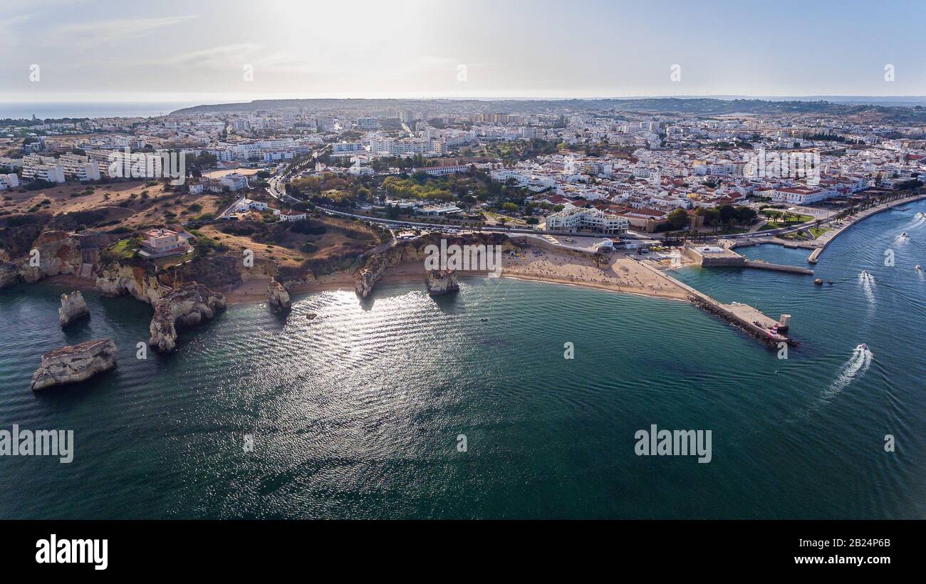 Aerial. Beautiful views of beaches of Lagos Town, from the sky ...