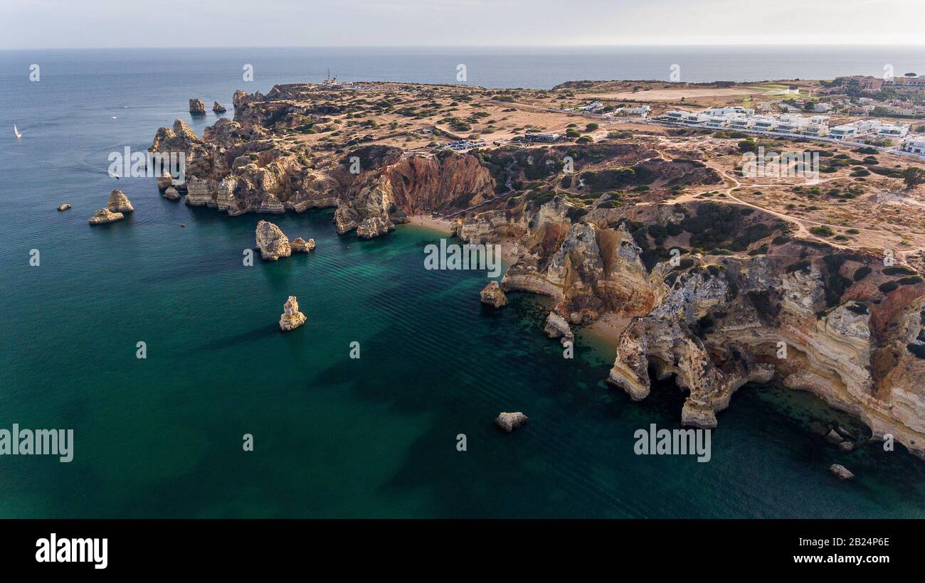 Aerial. Beautiful views of beaches of Lagos Town, from the sky ...