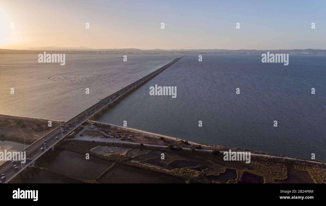 Aerial. Vasco da Gama bridge over the Tagus River in the capital of ...