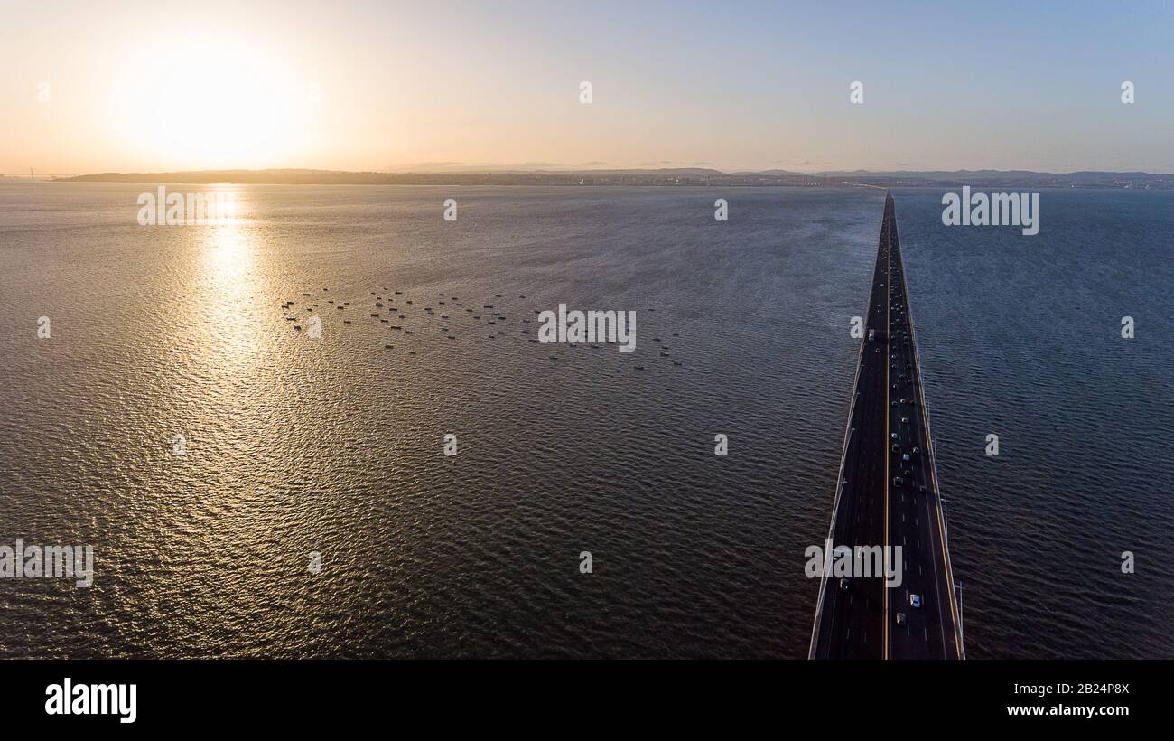 Aerial. Vasco da Gama bridge over the Tagus River in the capital of ...
