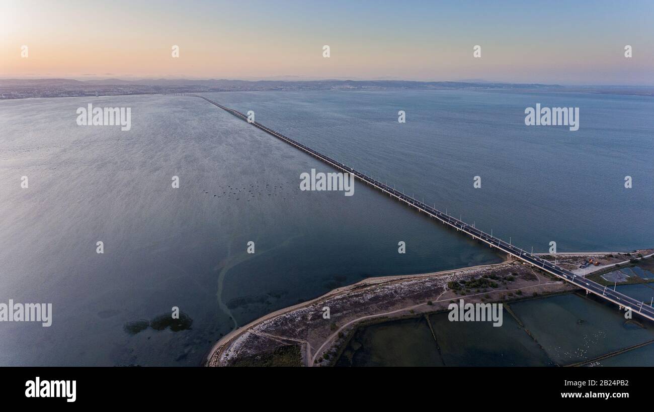 Aerial. Vasco da Gama bridge over the Tagus River in the capital of ...
