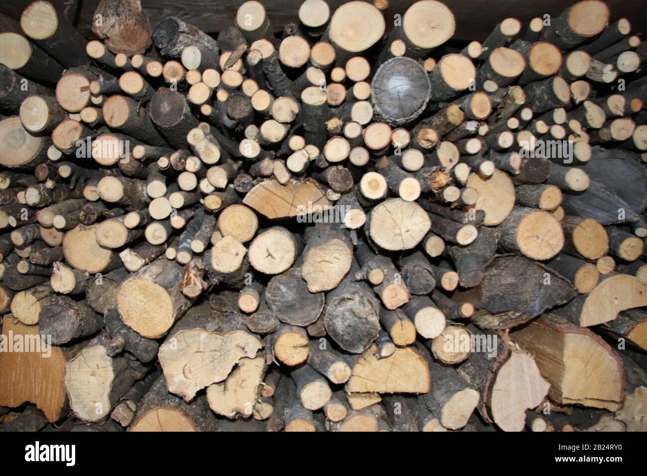 A round wood-fired wood. Wood close-up with sun and shadow. A stock of ...