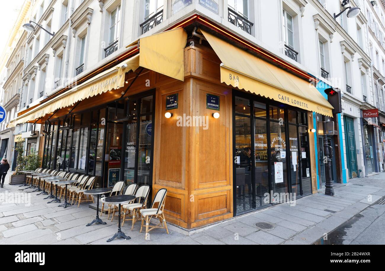 View of typical parisian cafe Lorette located near Notre Dame de ...