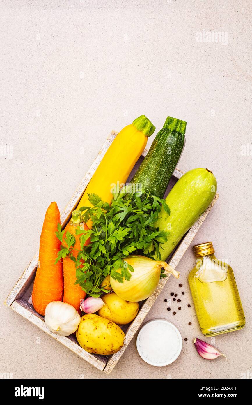 Set of fresh raw vegetables for cooking soup puree. Salt, spices ...