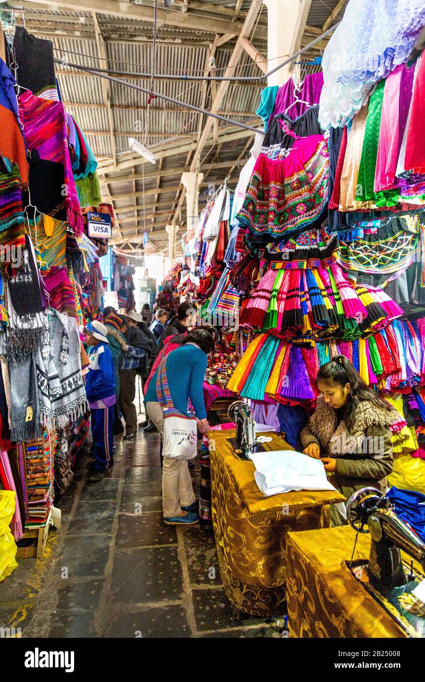 Stalls with Peruvian goods and souvenirs, San Pedro Market, Cusco ...
