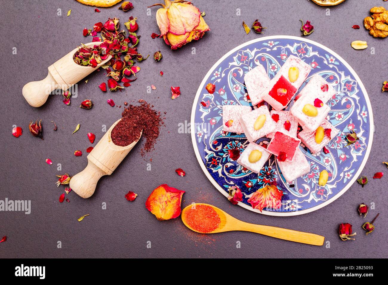 Eastern sweets. Traditional Turkish delight Rahat lukum with rose and ...