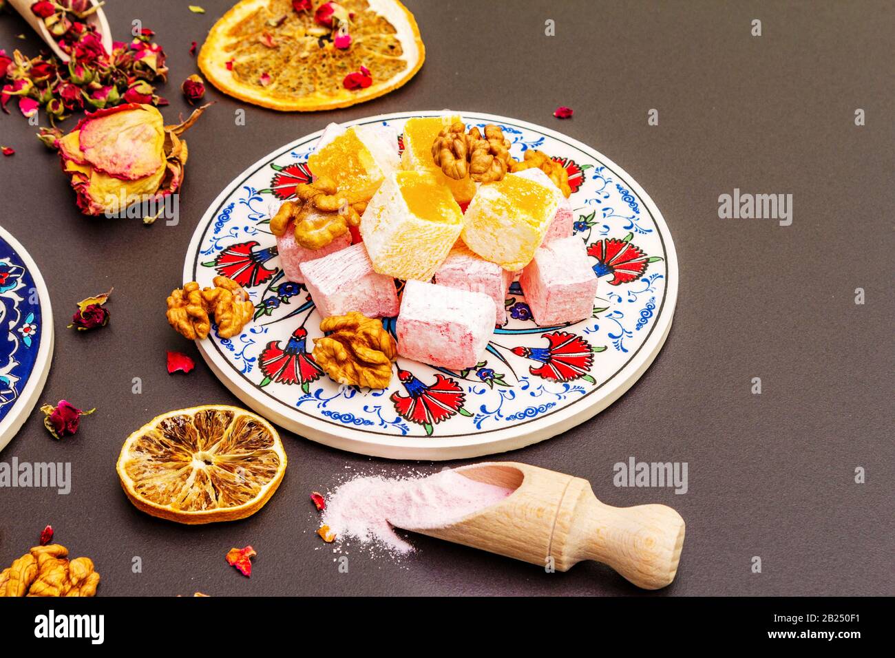 Eastern sweets. Traditional Turkish delight Rahat lukum with rose and ...