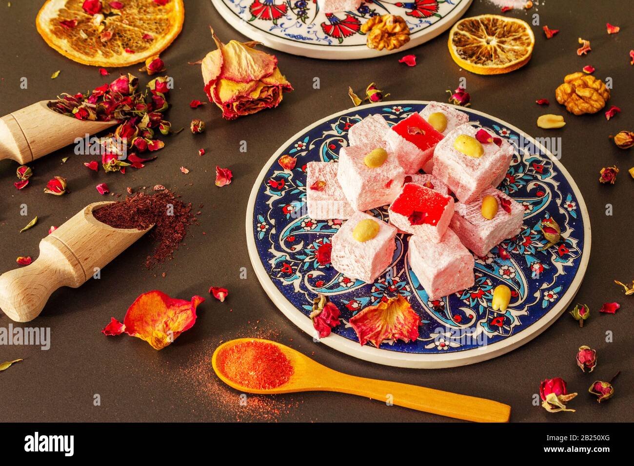 Eastern sweets. Traditional Turkish delight Rahat lukum with rose and ...