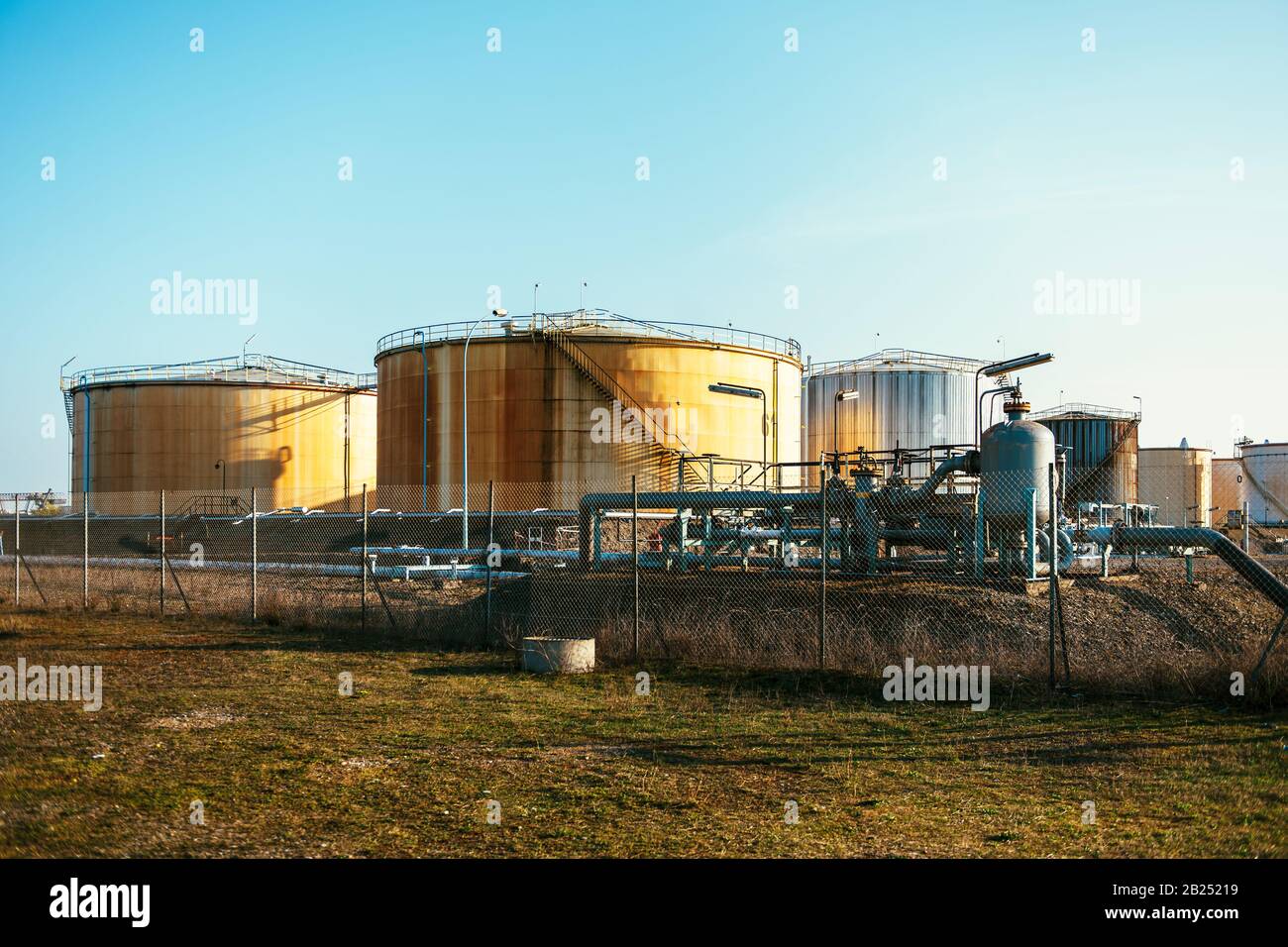 View of large petrochemical storage tanks recipients for fuel and ...