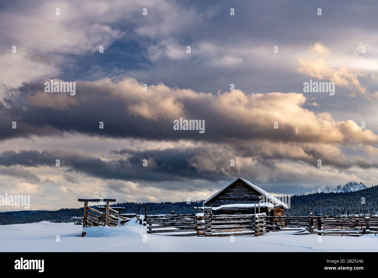 Stanley farm corral in winter with Sawtooth mountains Stock Photo - Alamy