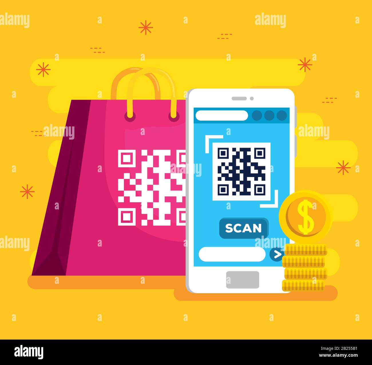 scan qr code with smartphone and bag shopping Stock Vector Image & Art ...