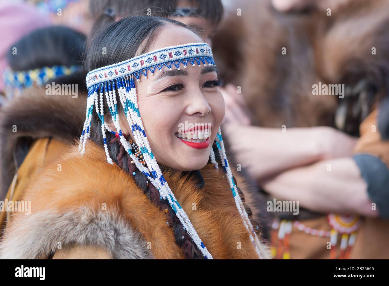 Portrait smiling expression female in traditional clothing aborigine ...