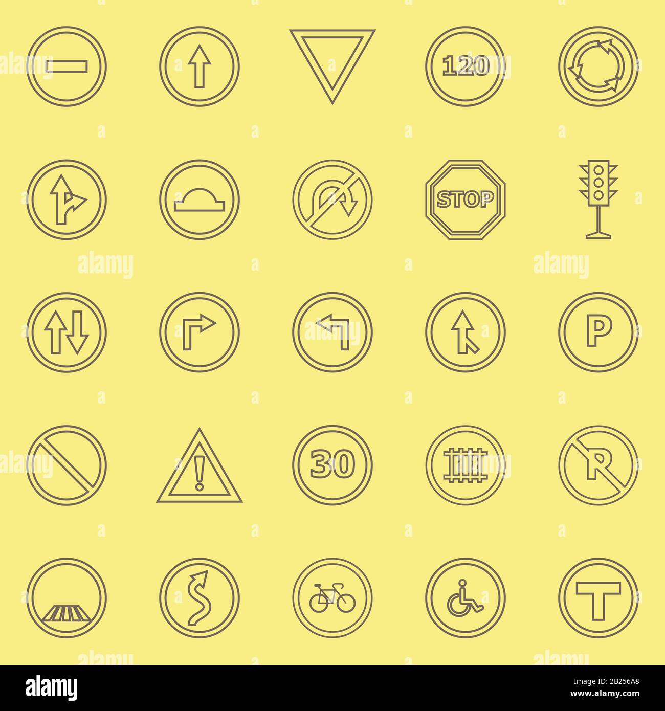 Road sign line color icons on yellow background, stock vector Stock ...