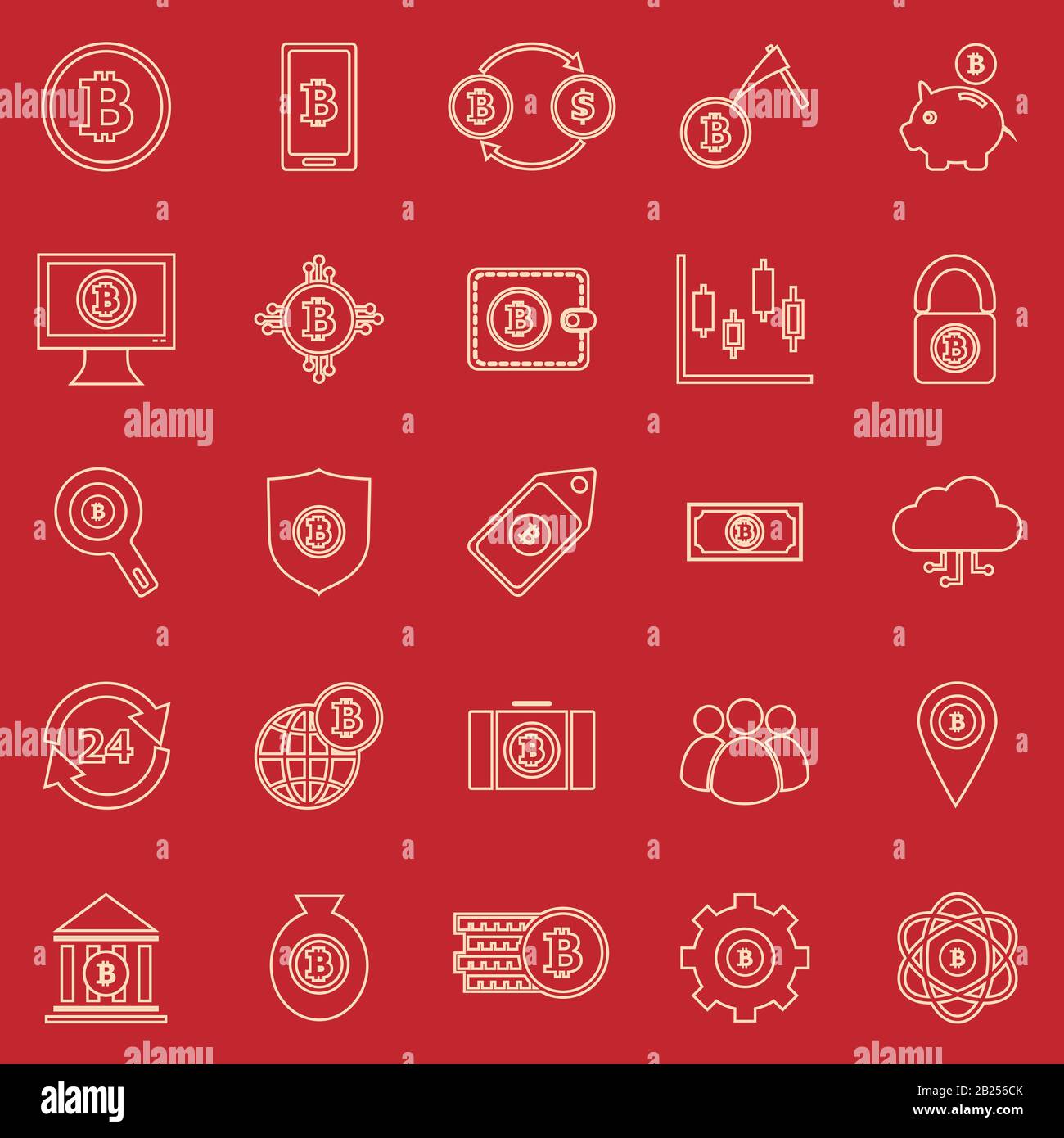 Bitcoin line color icons on red background, stock vector Stock Vector ...