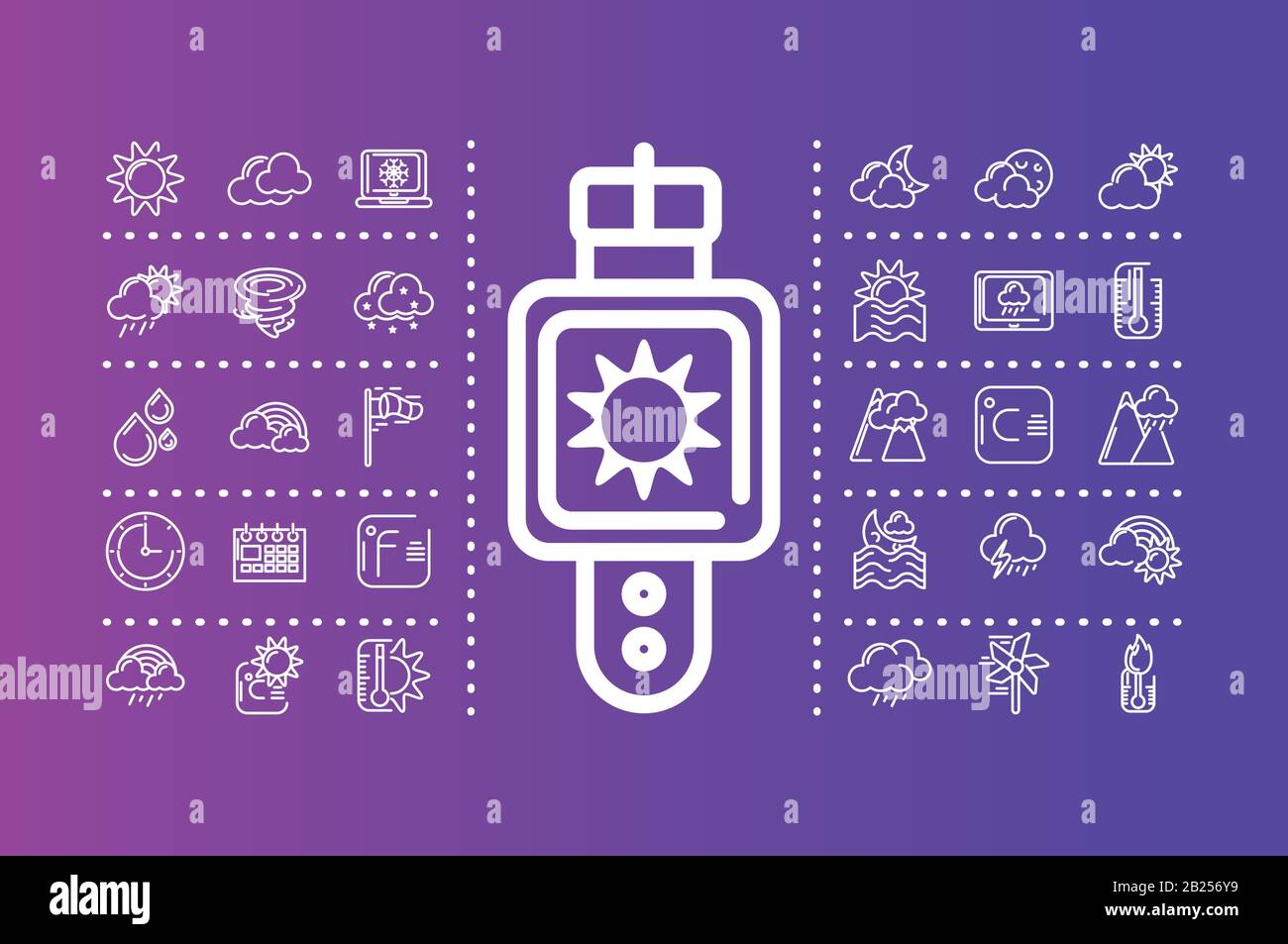 smartwatch with weather icons set over purple background, colorful ...