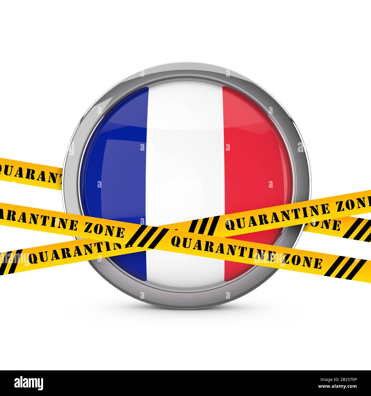 France flag with yellow quarantine warning security tape. 3D Render ...