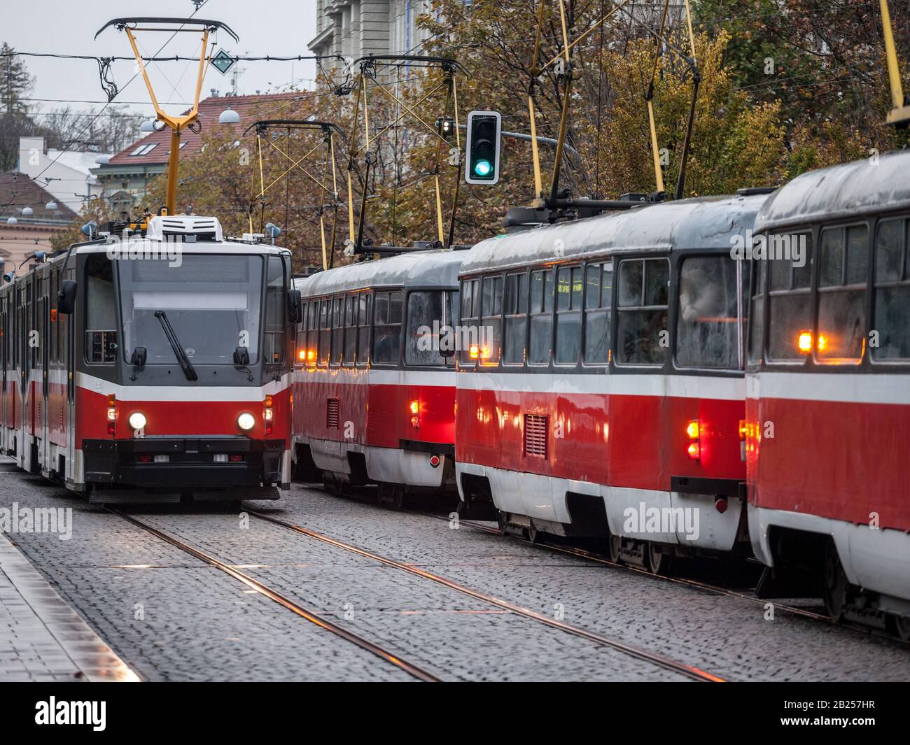 Lines of trams queuing during a rush hour in a city center of a Central ...