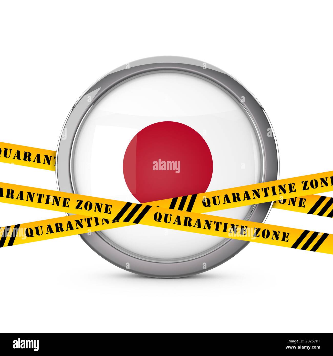 Japan flag with yellow quarantine warning security tape. 3D Render ...