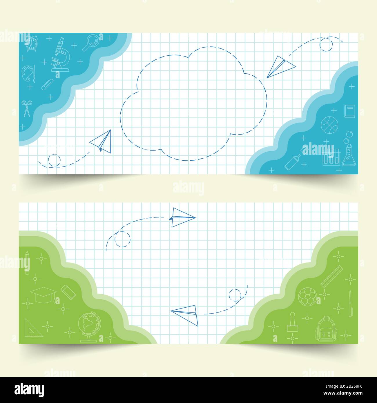 School banners on white grid paper with school , class elements ...