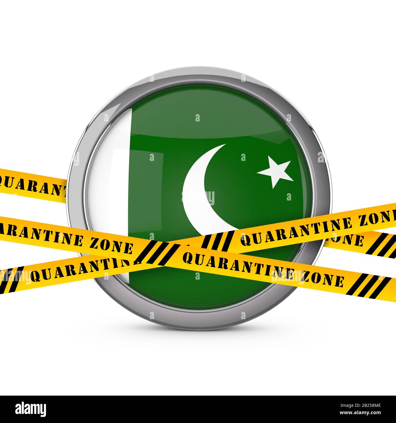Pakistan flag with yellow quarantine warning security tape. 3D Render ...