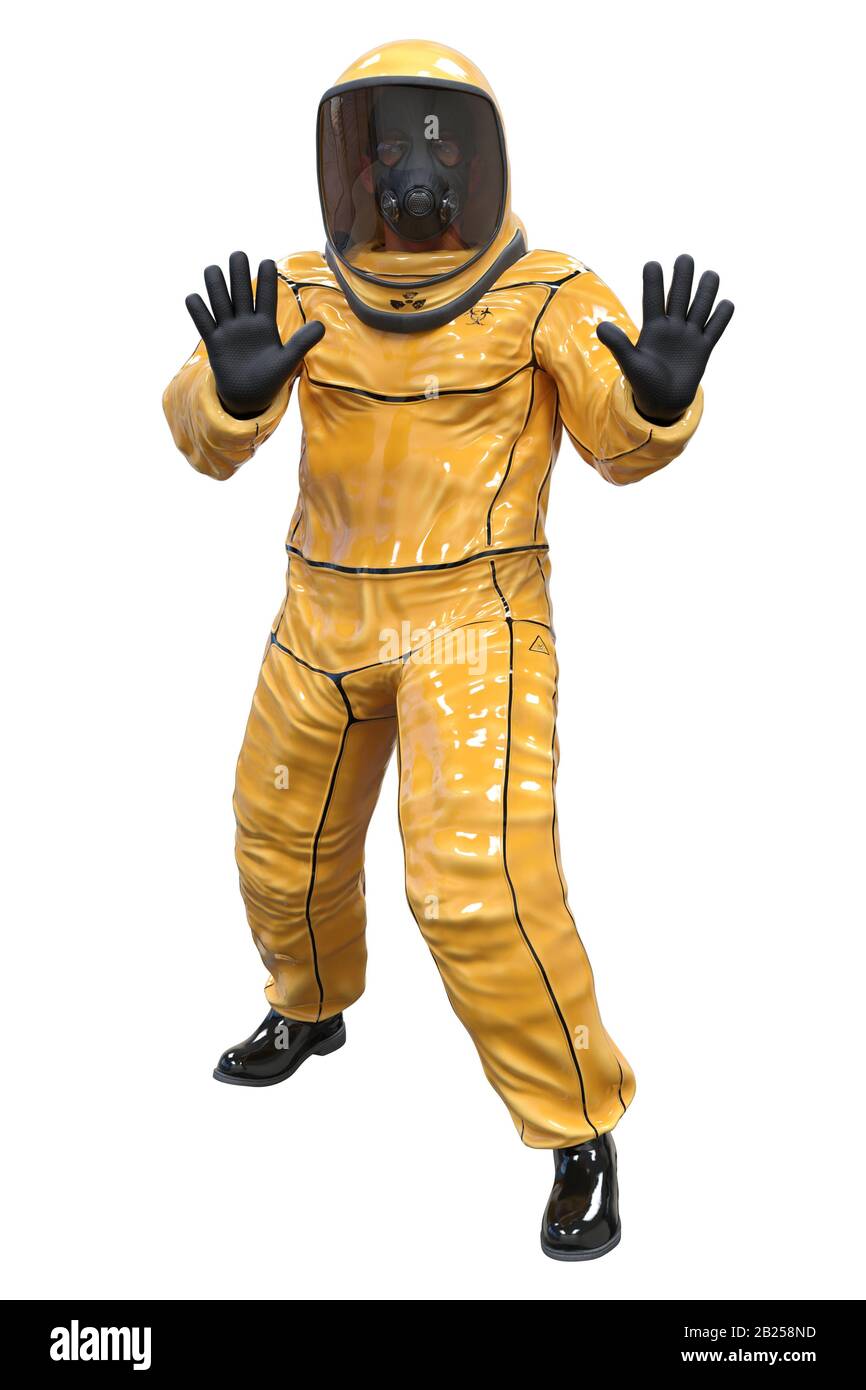 Man in a biohazard suit isolated on white 3d illustration Stock Photo ...