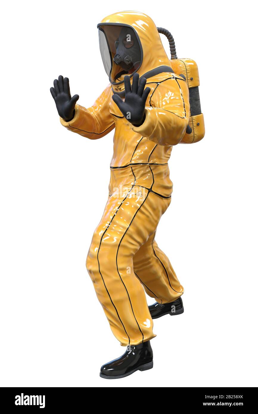 Man in a biohazard suit isolated on white 3d illustration Stock Photo ...