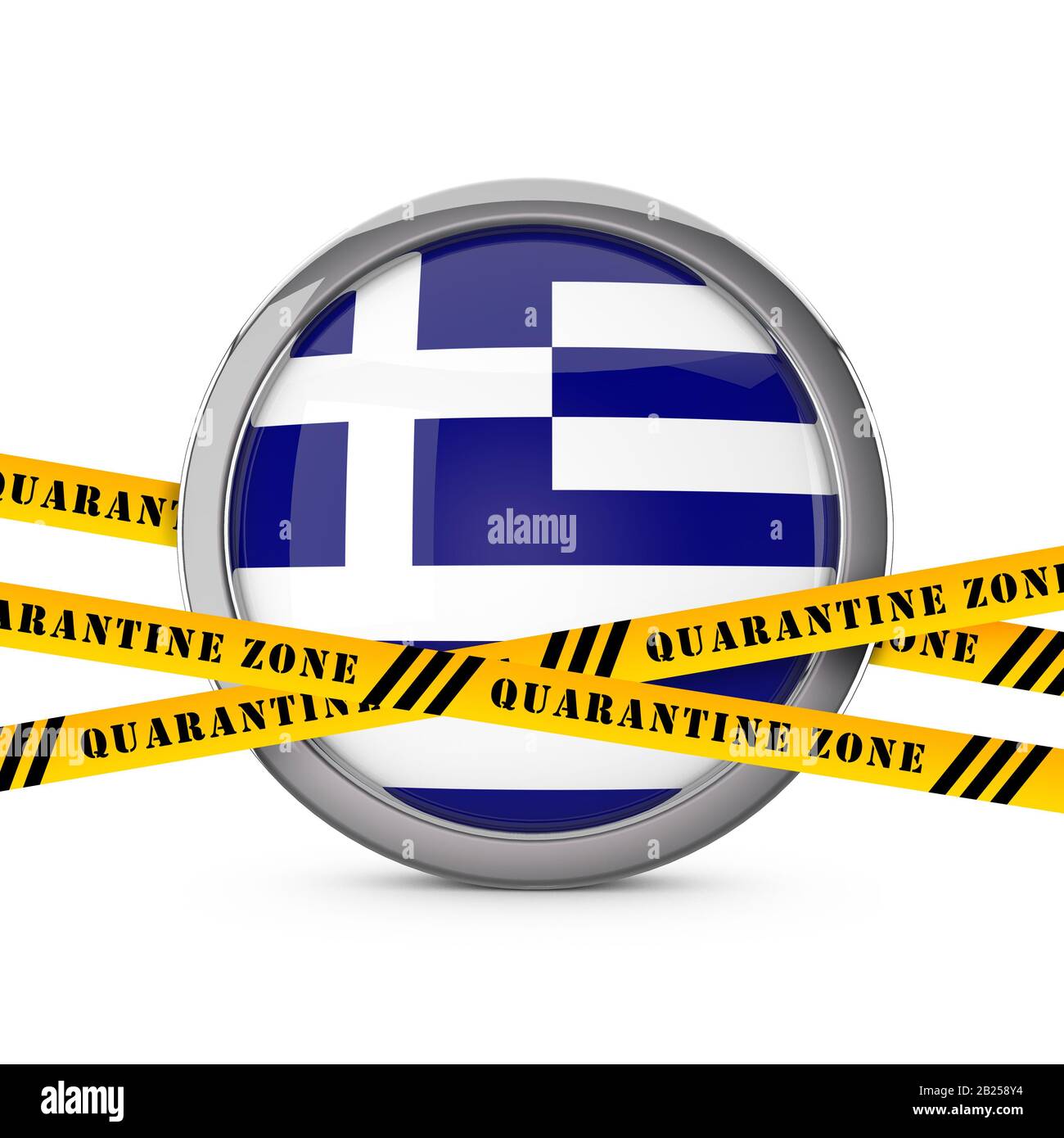 Greece flag with yellow quarantine warning security tape. 3D Render ...