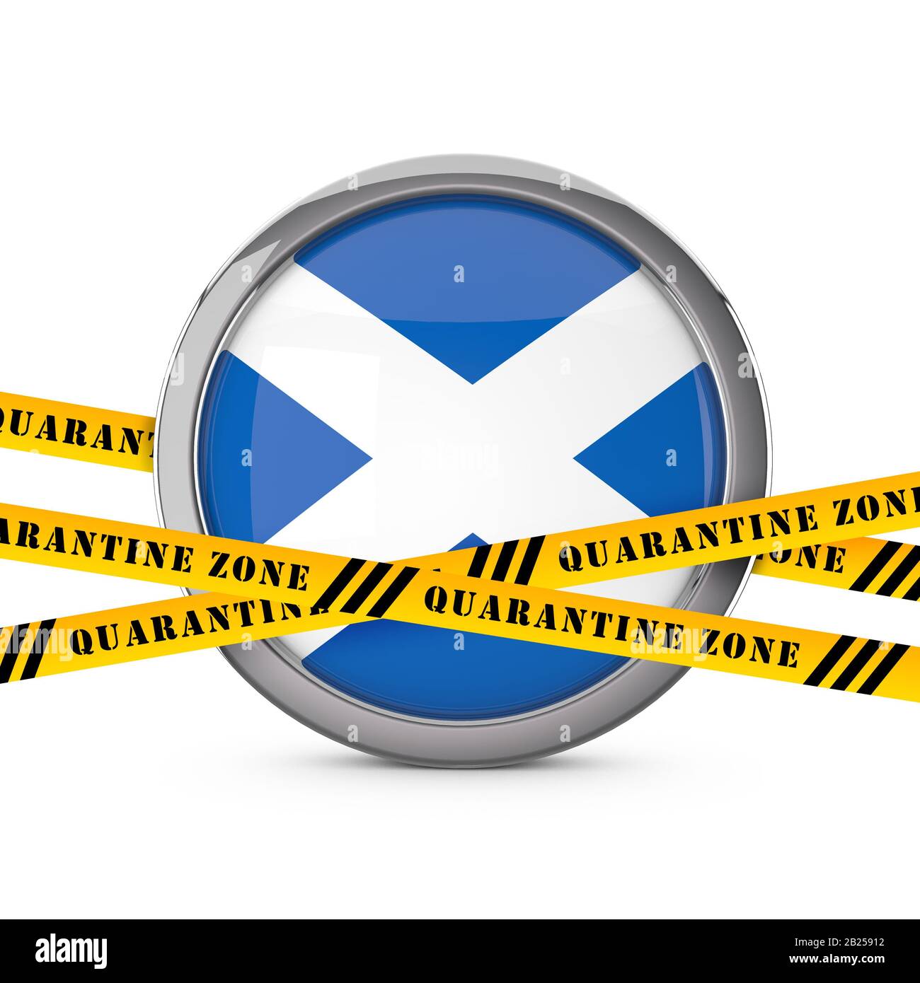 Scotland flag with yellow quarantine warning security tape. 3D Render ...