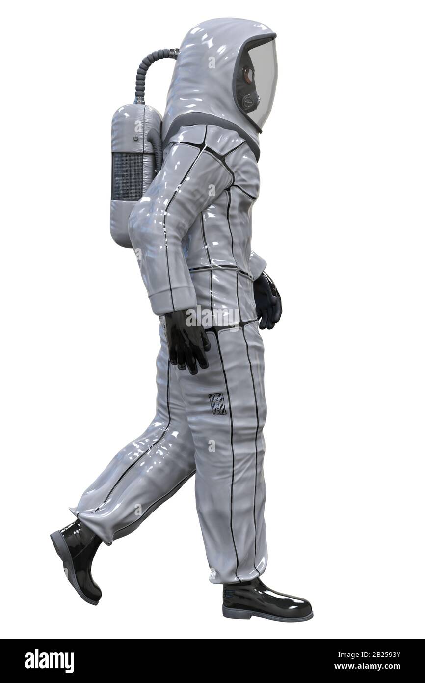 Man in a biohazard suit isolated on white 3d illustration Stock Photo ...