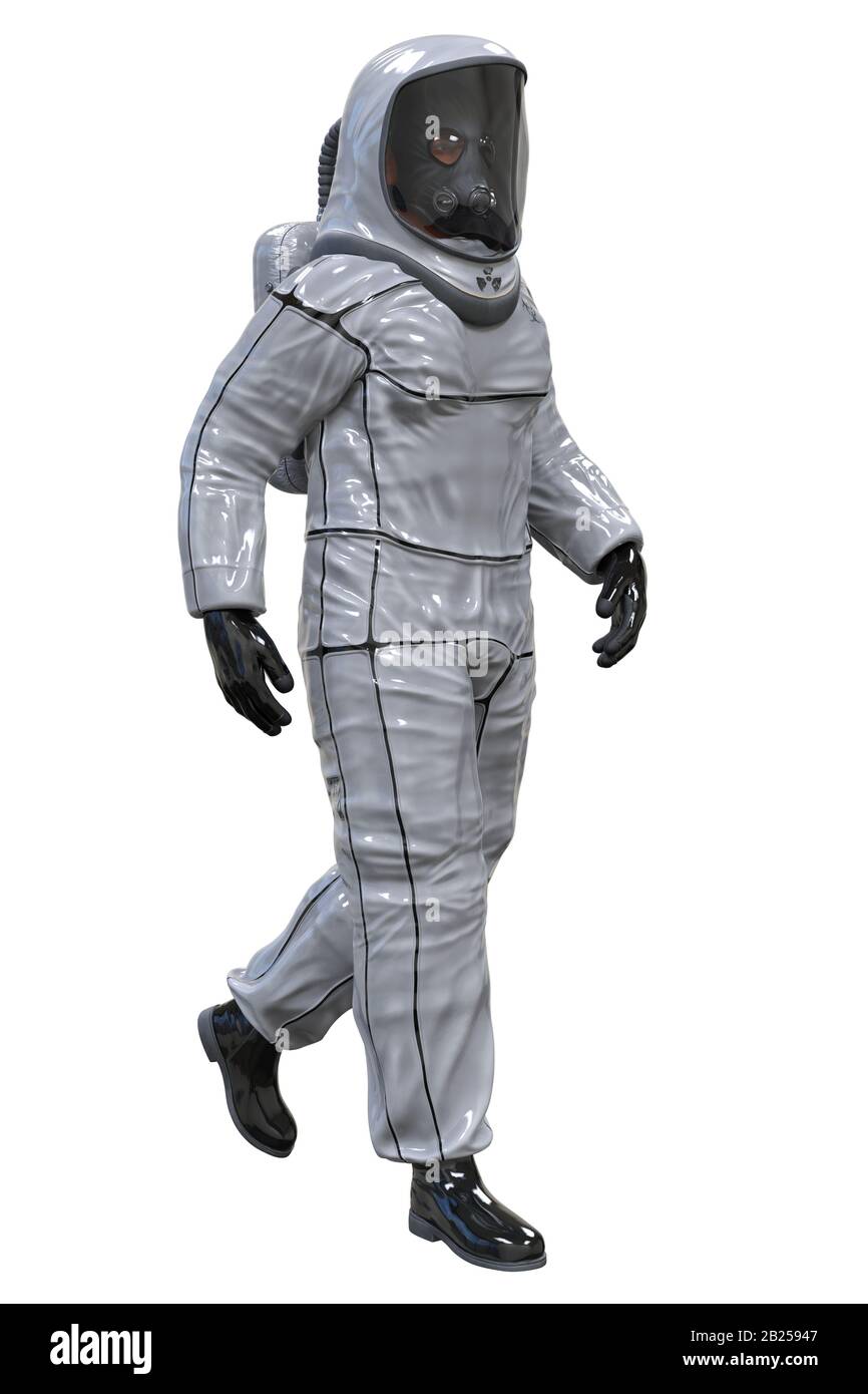 Man in a biohazard suit isolated on white 3d illustration Stock Photo ...
