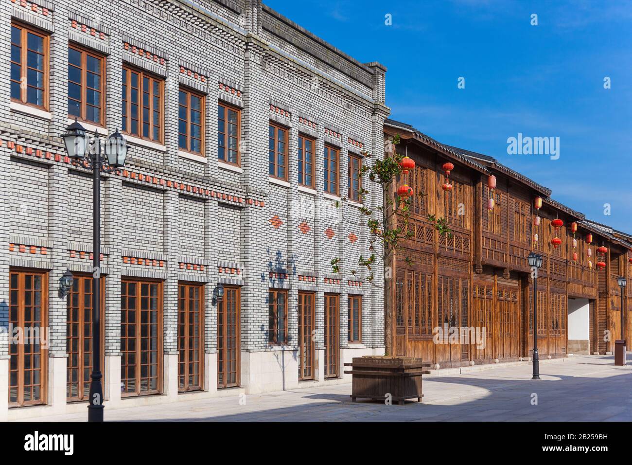 Row of old Chinese style brick and wooden houses in a street,the Three ...