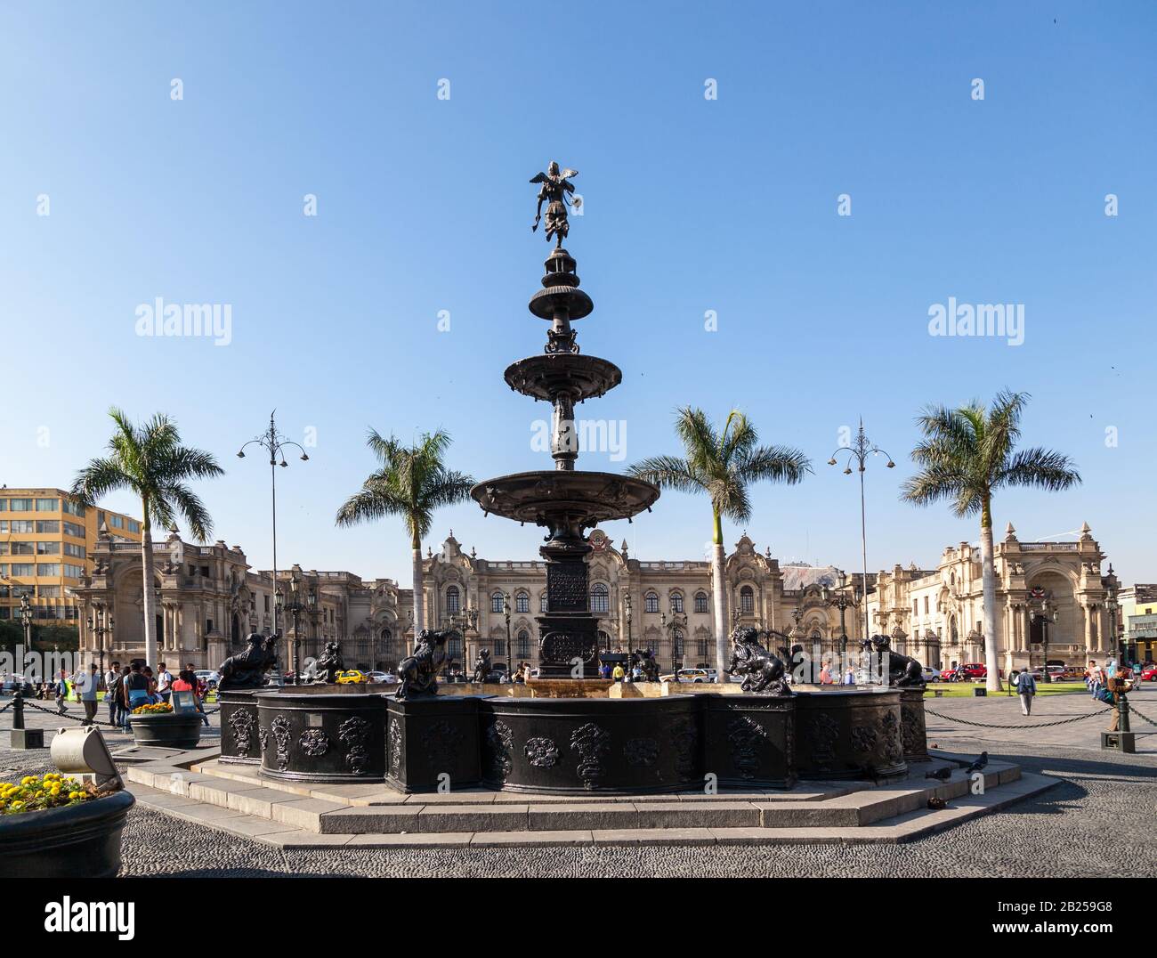 LIMA / PERU - May 10 2016: Beautiful park and architecture in the Plaza ...