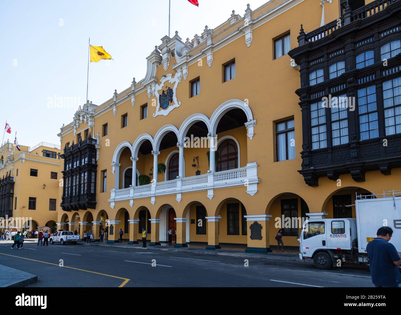 LIMA / PERU - May 10 2016: The front of the municipal building in the ...