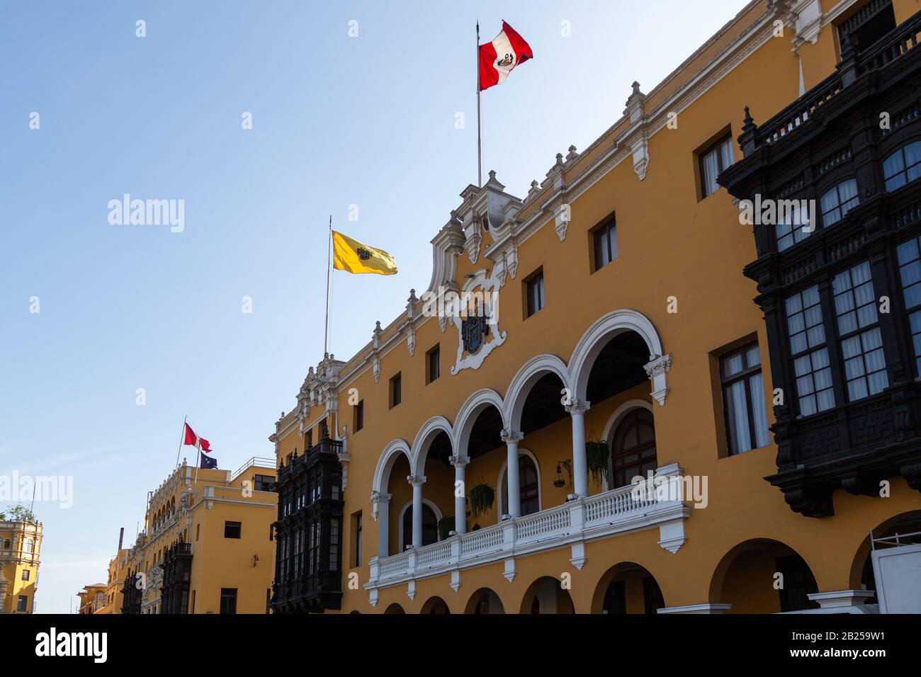 LIMA / PERU - May 10 2016: The front of the Municipal building in the ...