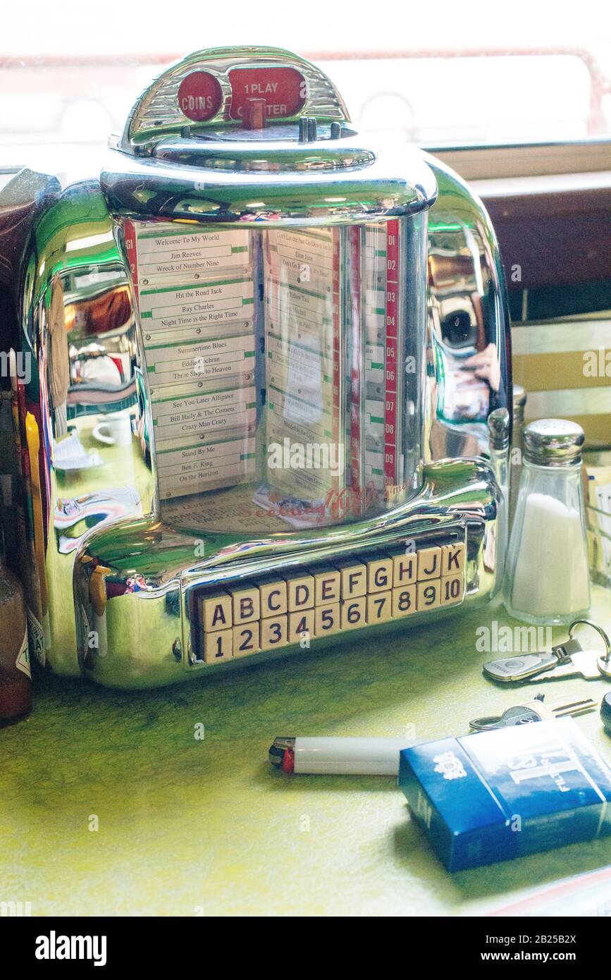 usa, utah - dec, 2019 Antique music playing device in retro style cafe ...