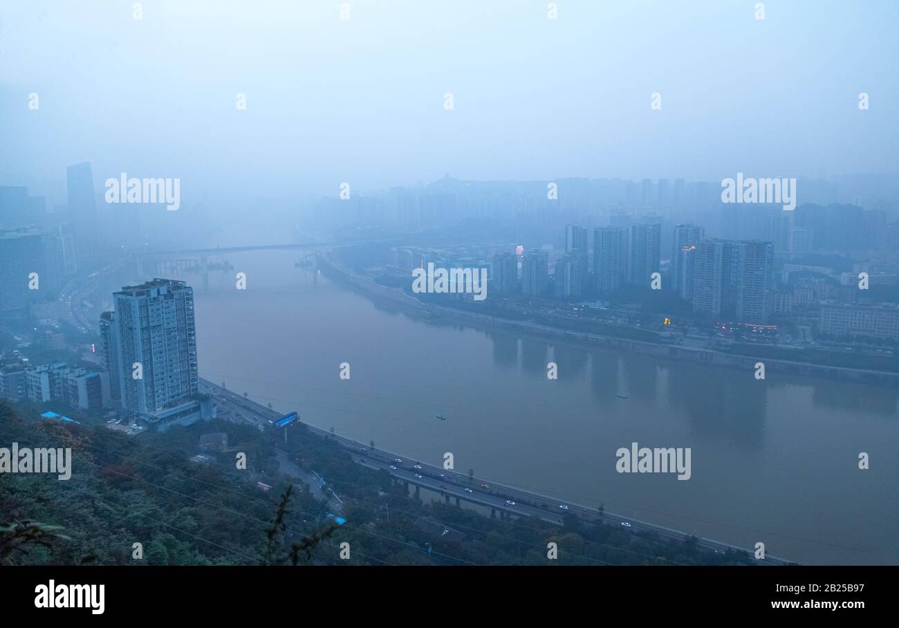Chongqing River View. Tall buildings on both sides of the river. View ...