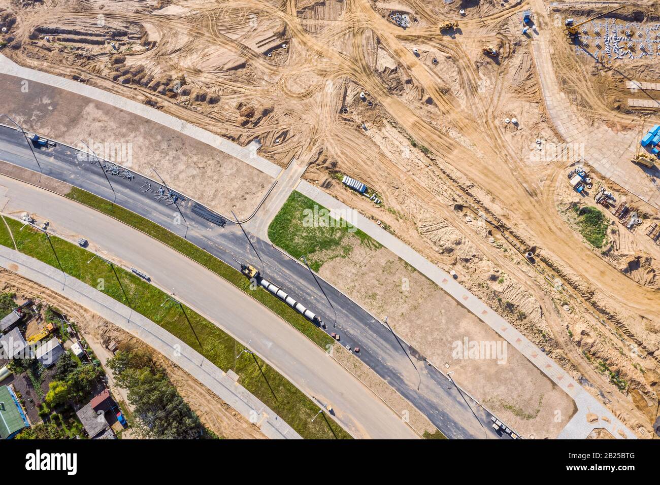 aerial top view on the new road construction site. building of new city ...