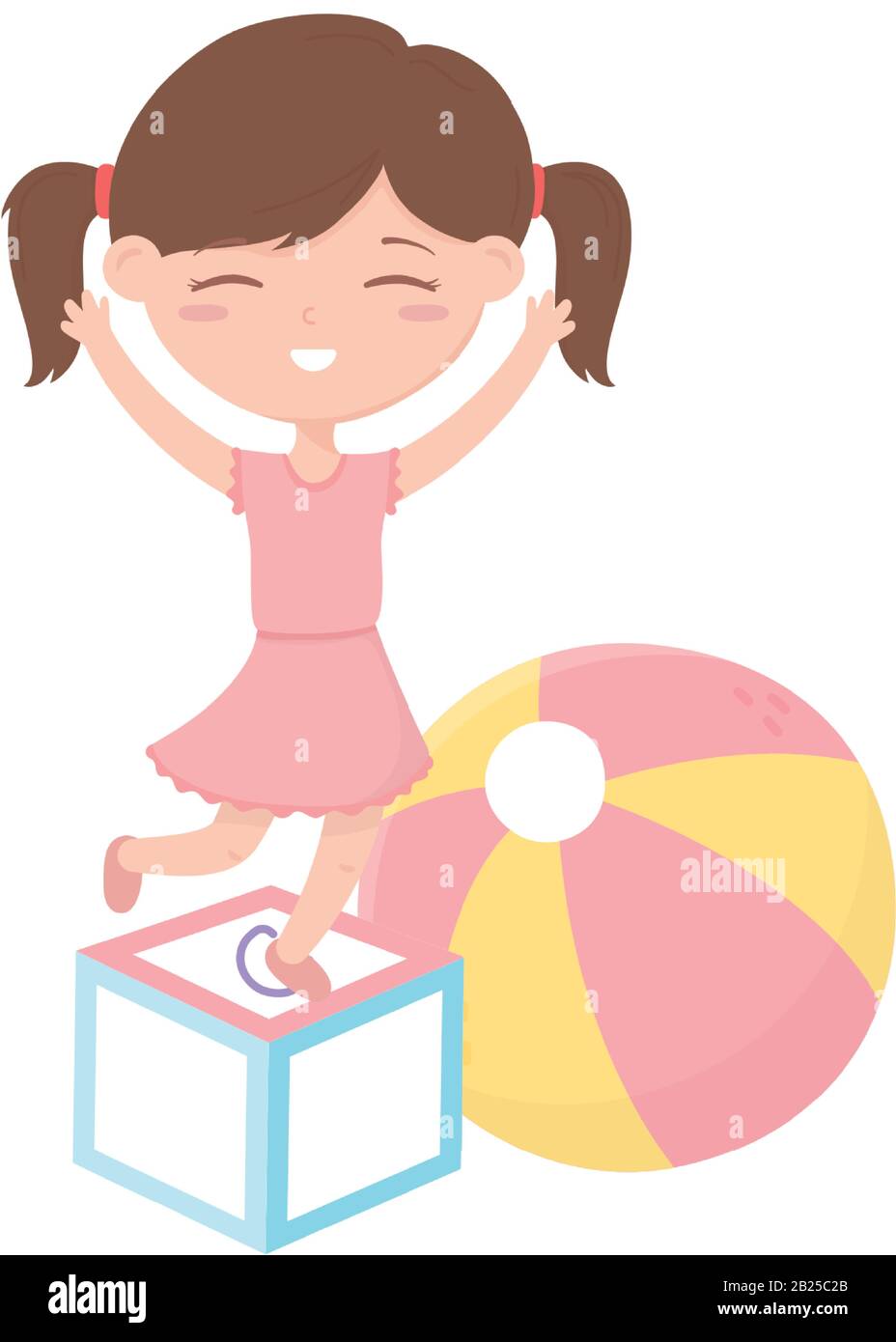 kids zone, cute little girl with block and ball toys vector ...