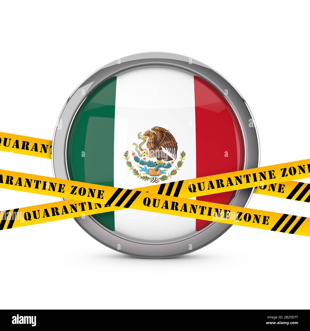 Mexico flag with yellow quarantine warning security tape. 3D Render ...