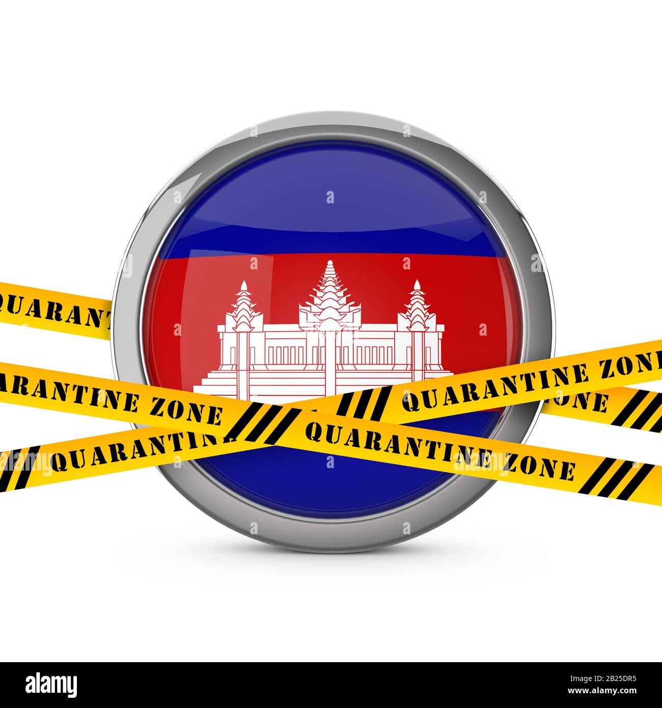 Cambodia flag with yellow quarantine warning security tape. 3D Render ...