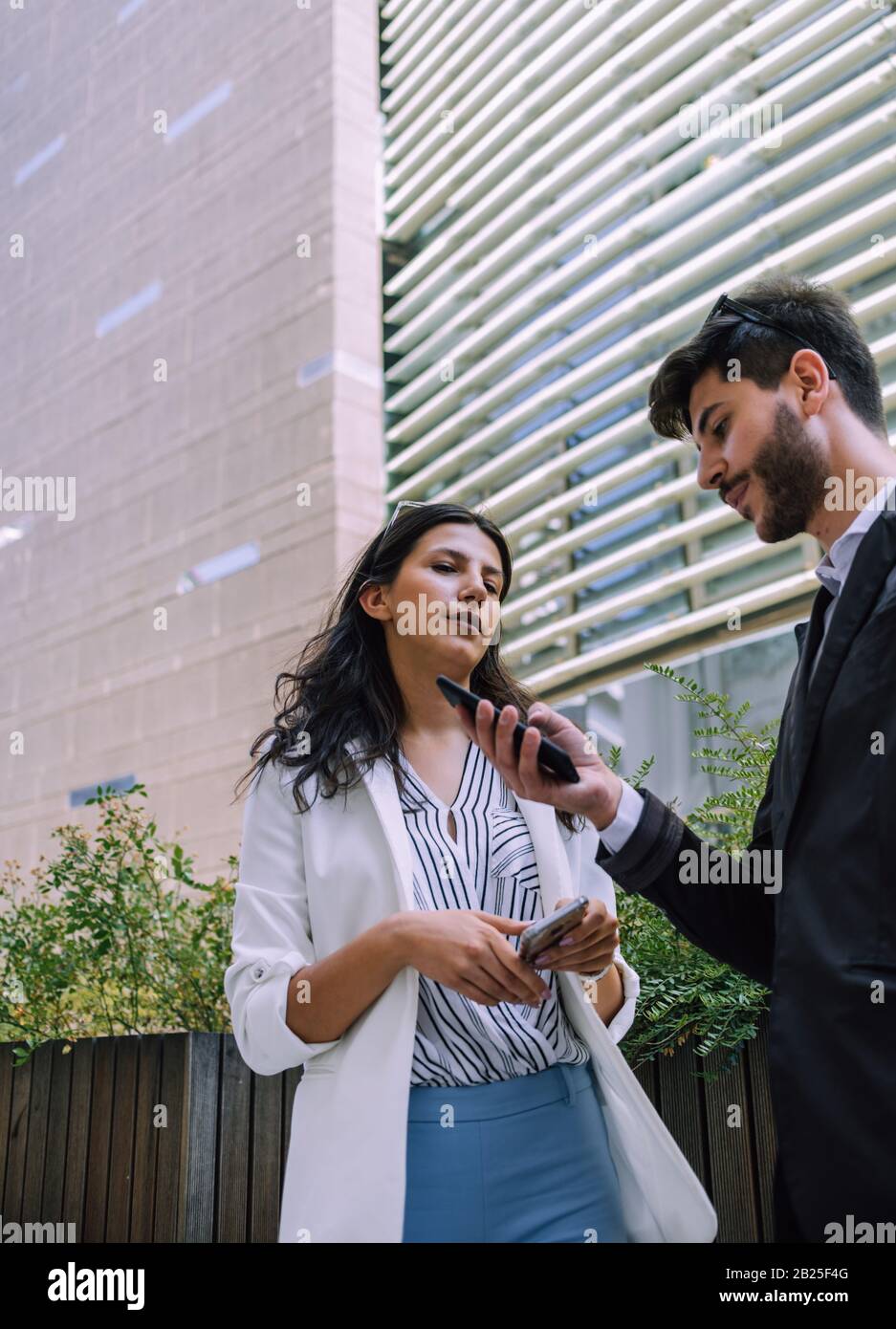 Positive team members discussing project during outdoor break. Two ...