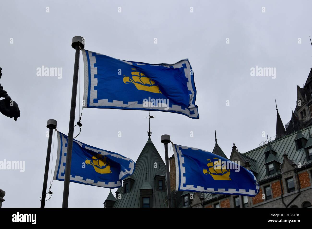 The flag of Quebec City flying over the Ville de Quebec. Canada Stock ...