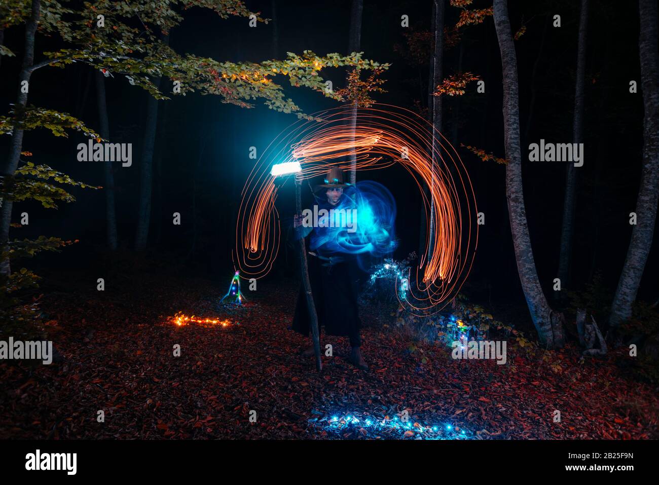 Sorcerer (magician) casting a spell while standing in the magical woods ...