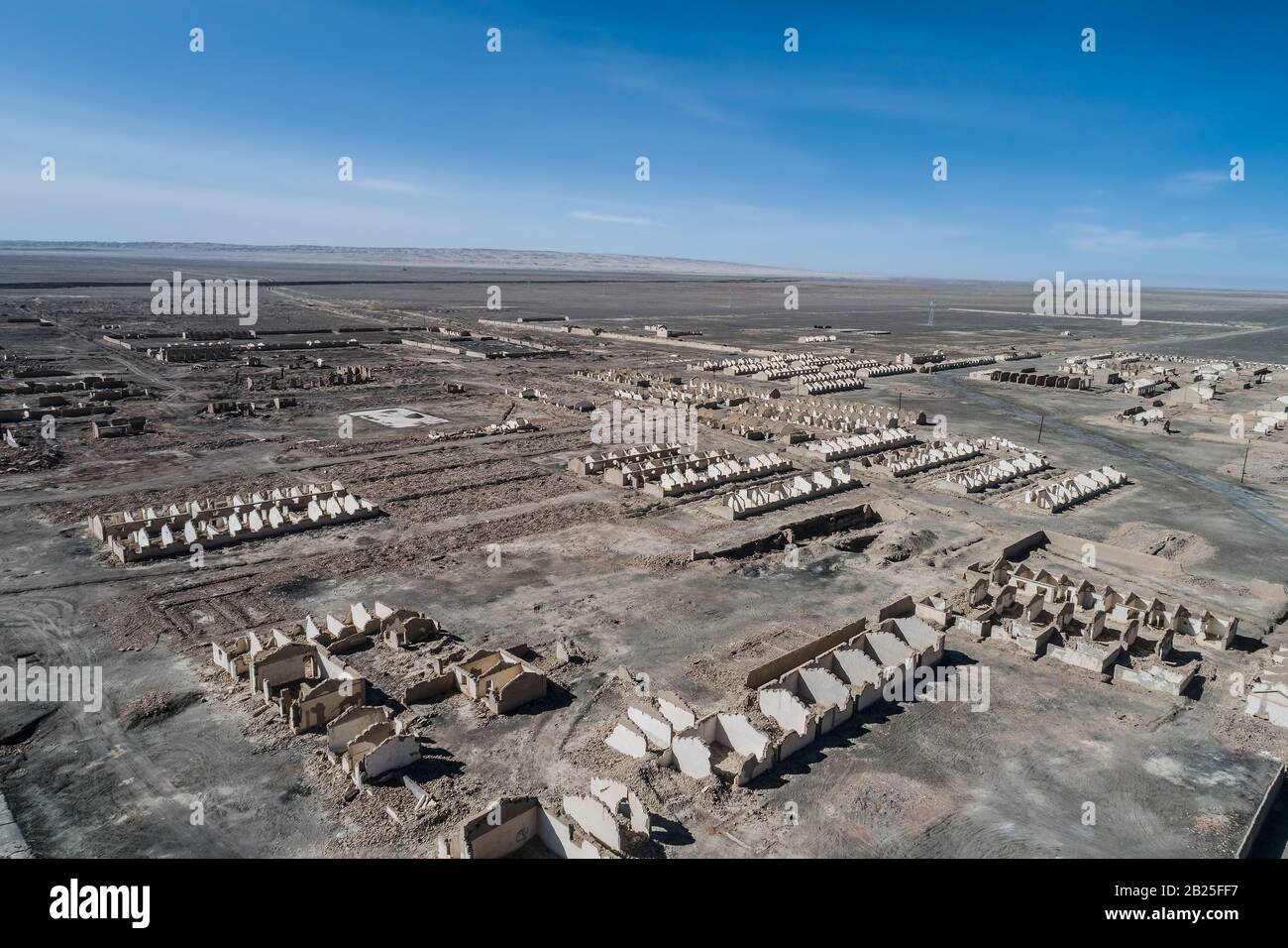aerial view of the ruins of the abandoned oil town, Lenghu, China Stock ...